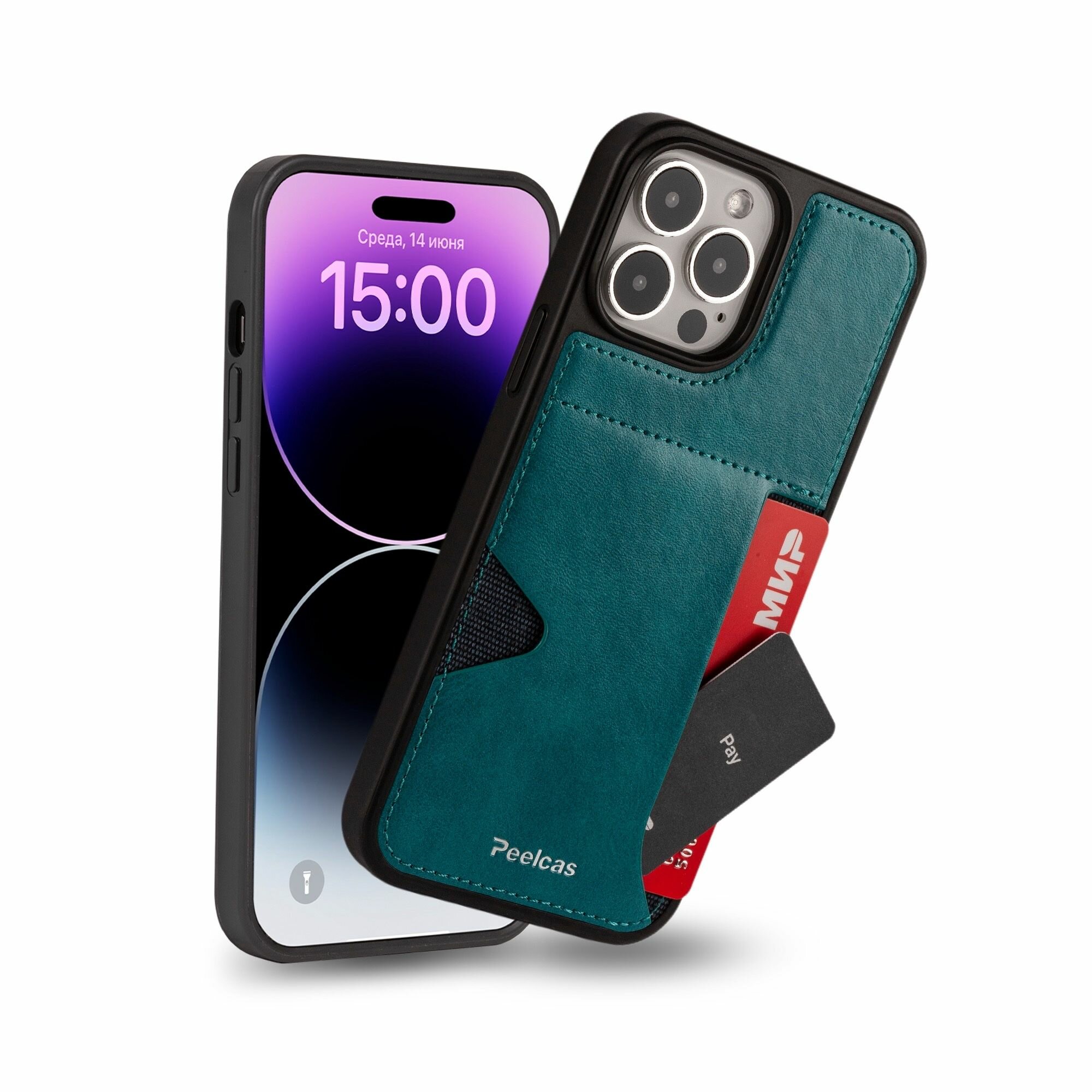 Чехол кожаный iphone 14 pro с карманом для карт голубой — фото 1