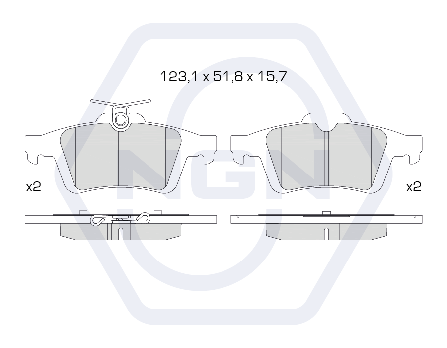Колодки тормозные керамические, задние NGN 3501924 для CITROEN C5 08>, JAGUAR XF I 08>/XJ 09-15/XK II 06-14, FORD Focus II 05>/Focus C-Max 03>, MAZDA 3/5