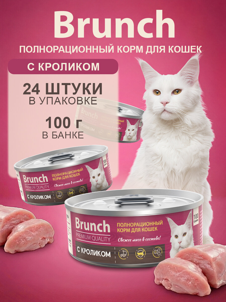 Корм для кошек влажный полнорационный Brunch c кроликом, 100г х 24 шт.