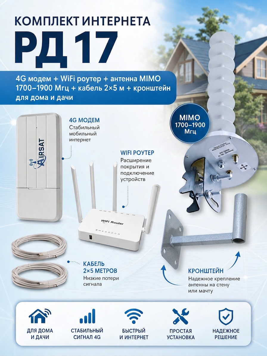 Комплект Интернета РД 17 - 4G модем + WiFi Роутер + Антенна Mimo для Дома и Дачи