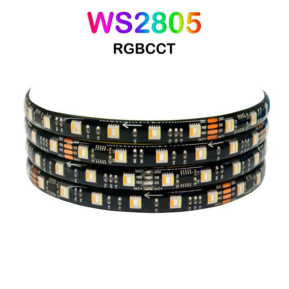 Светодиодная лента WS2805 RGBCCT 5m 60, 24V, Black PCB, IP67