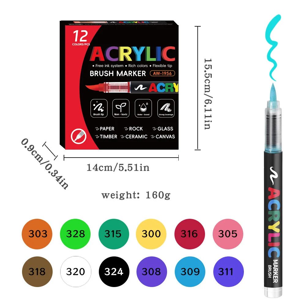 Акриловые маркеры 12 цветов, Brush Marker, 12 шт