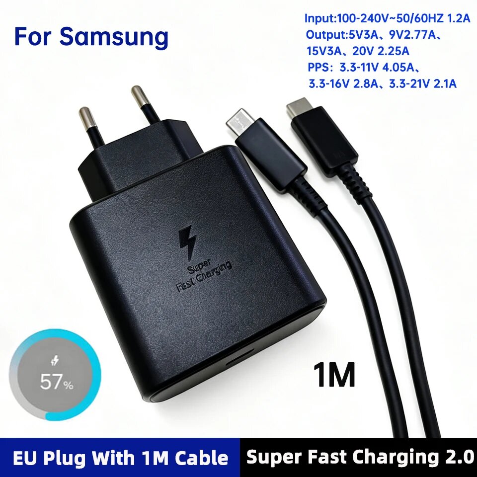 Зарядное Samsung 45W Super Fast Charging 2.0, EU, 1м, Черный