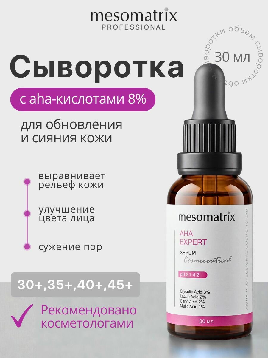 Сыворотка для лица с кислотами 8% для сужения пор, обновляющая, увлажняющая, поросуживающая с гликолевой и молочной кислотой AHA EXPERT Mesomatrix 30 мл