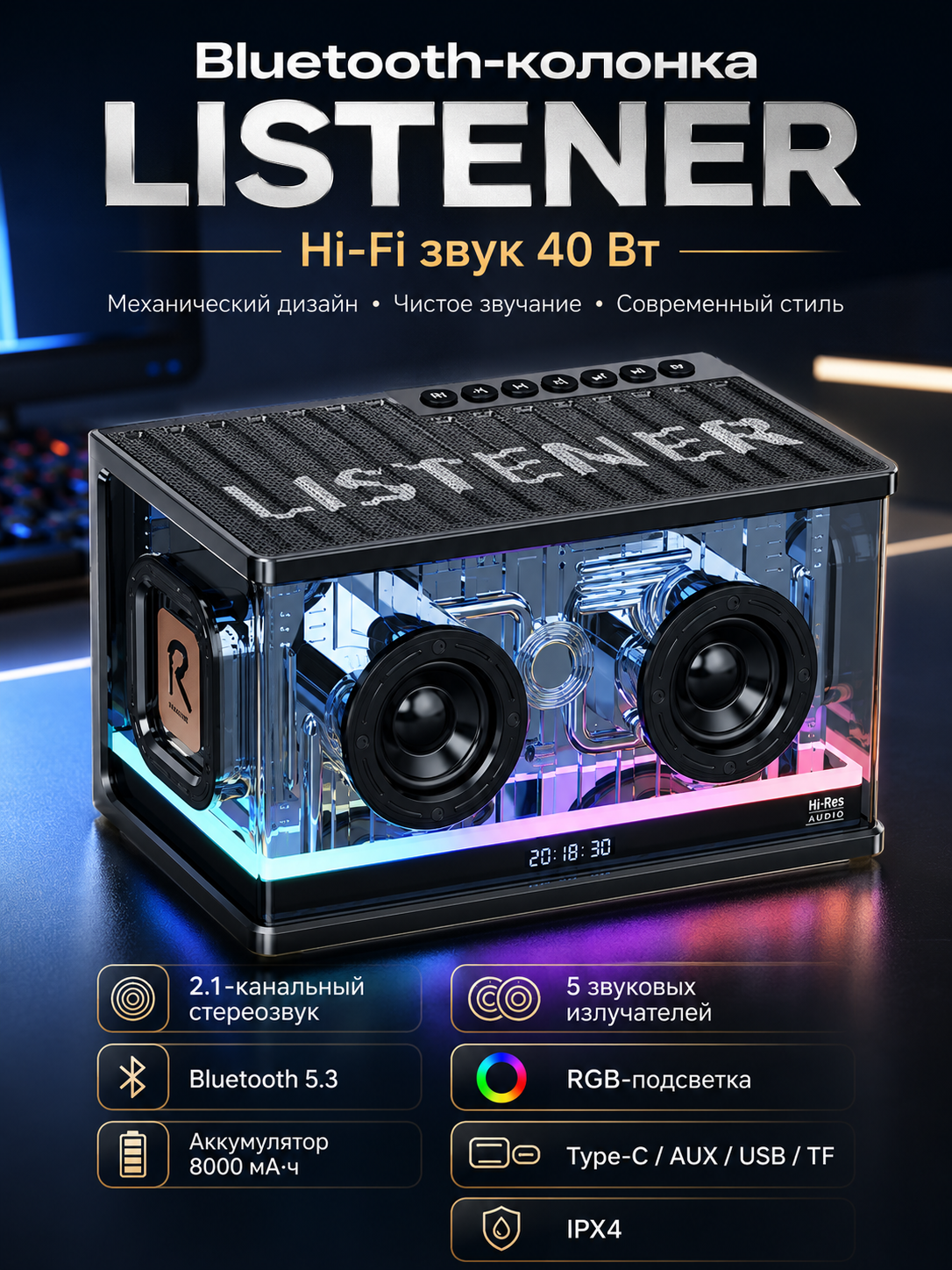 Портативная колонка 40 Вт, 5 динамиков, RGB-подсветка киберпанк, 10 ч работы, экран часов, TF/AUX/Type-C.