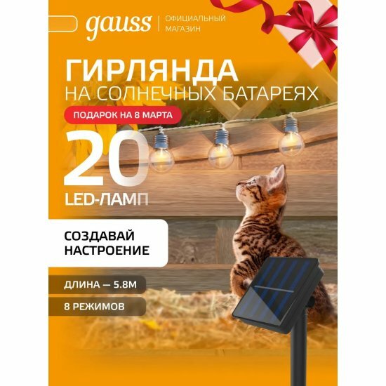 Гирлянда садовая на солнечной батарее Gauss 20 LED ламп Большие Шары Белый свет , 1/12