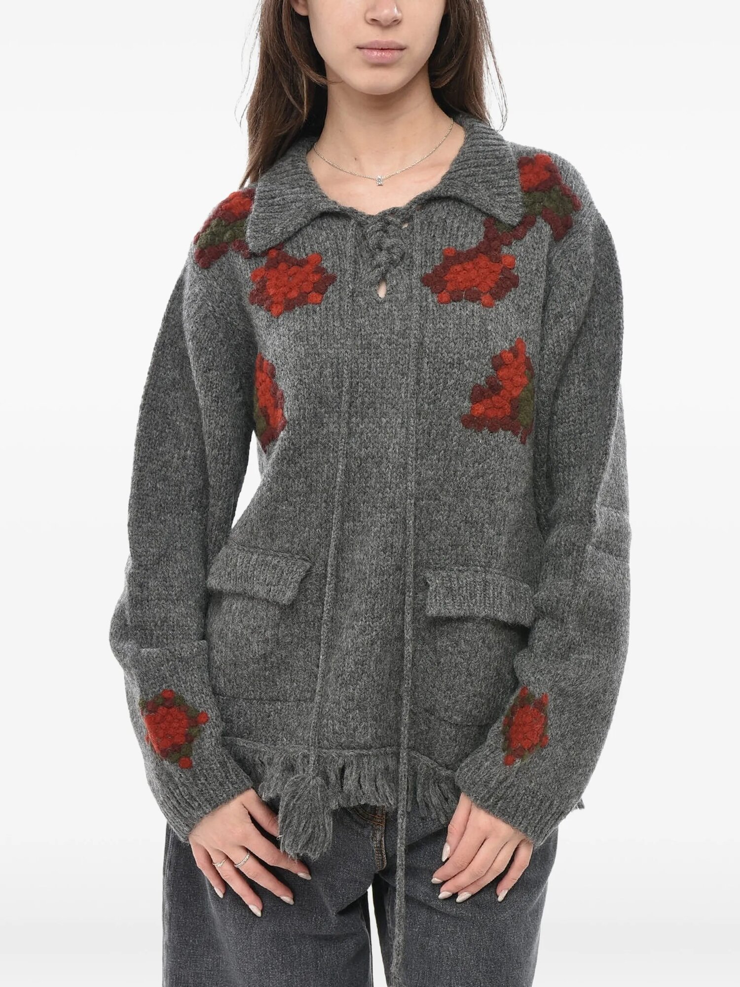 Свитер baziszt Embroidered fringed-hem sweater