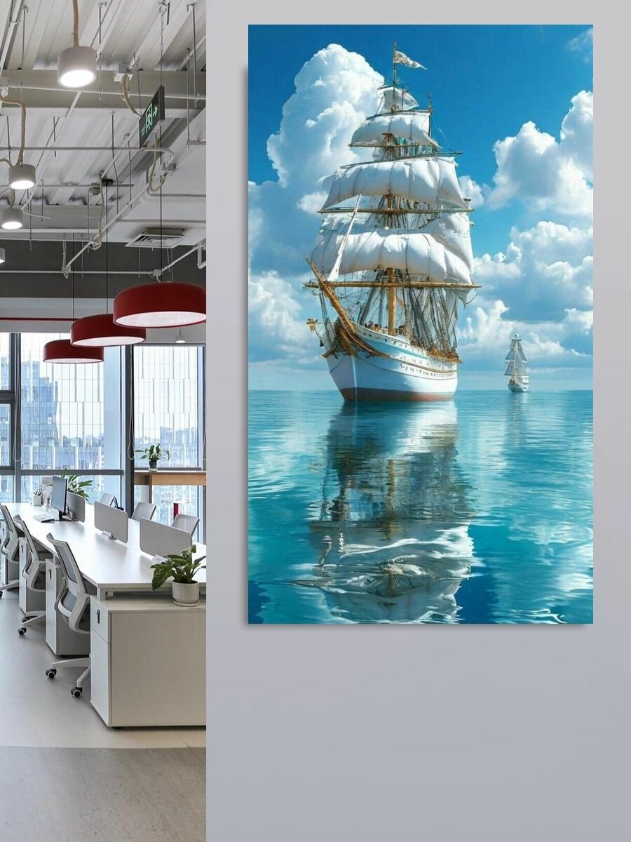 Картина "Корабли на открытом море холстная картина 50 х 90" 50x90 см морской пейзаж парусники для интерьера