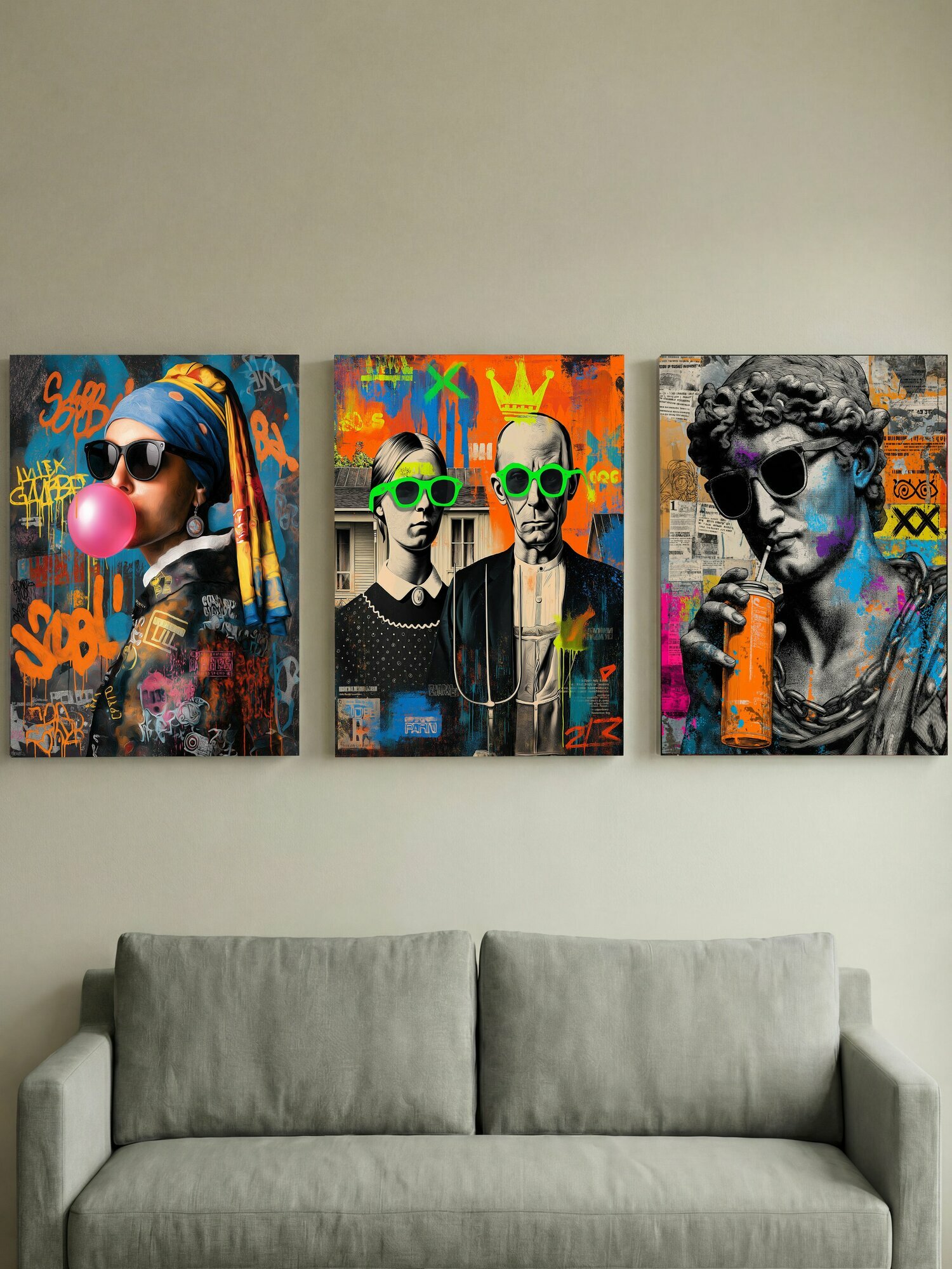 Набор из 3 картин Urban Pop Art (Урбан Поп-Арт) Давид, Жемчужная серёжка, Американская готика
