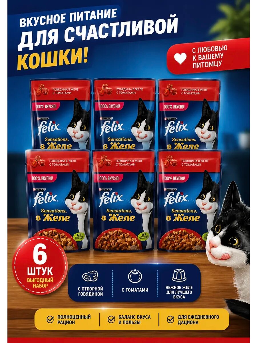 Влажный корм для кошек Felix говядина с томатами в желе 9шт