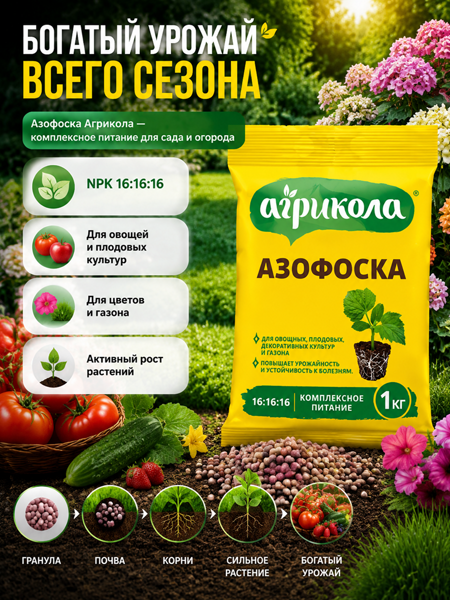 Удобрение для роста выращивания всех садовых культур Азофоска, 1 кг