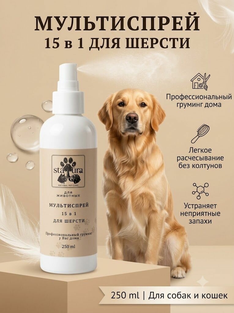 Спрей для собак и кошек 15 в1 несмываемый кондиционер для блеска облегчения расчёсывания Statura 250 мл