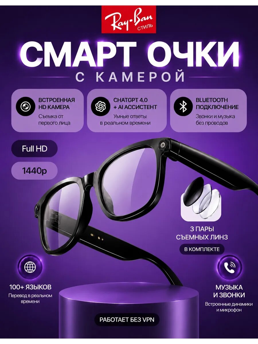 Умные смарт очки с камерой HD 1440p и AI-ассистентом