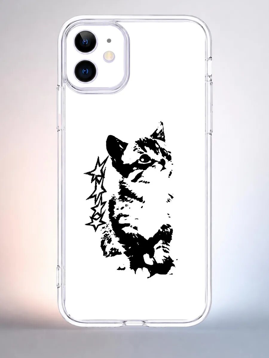 Чехол iPhone 11 кот и звёзды силиконовый прозрачный