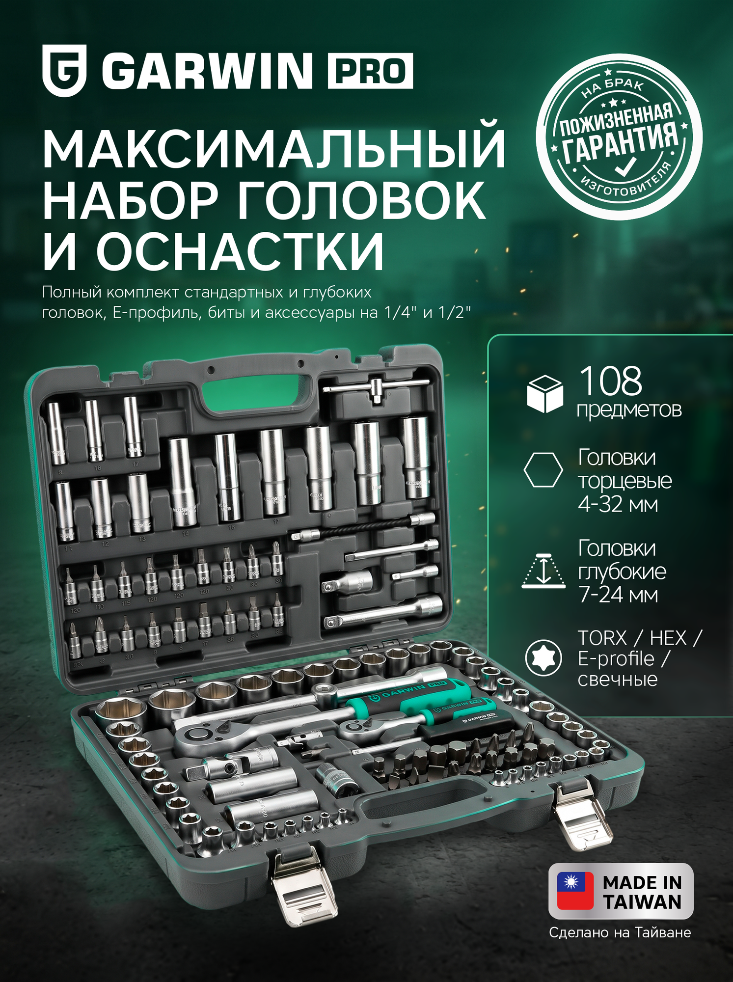 GARWIN PRO 641080 Набор ручных инструментов 1/4" и 1/2" 6 гр. 108 предметов