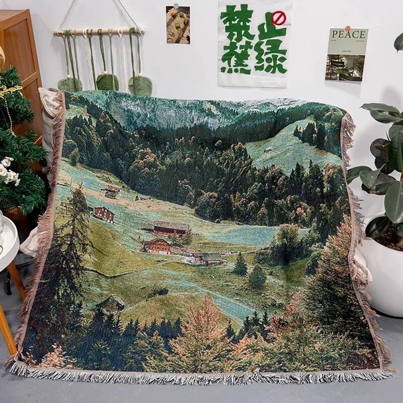 Снежный лес хлопковый плед 130x160 см с кистями для уюта на открытом воздухе