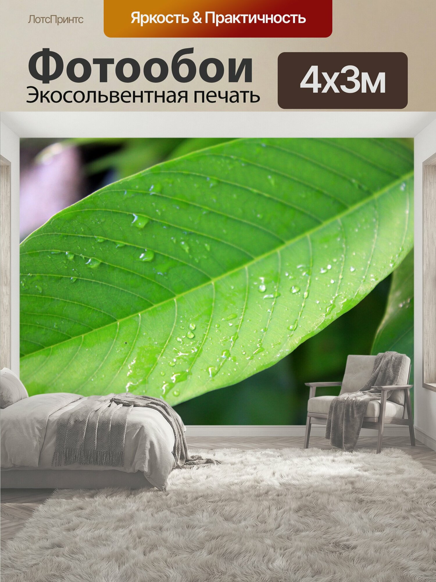 Фотообои "Зеленые листья Влажные зеленые листья зеленые листья листья капли капли воды мокрые листья лист" 400x300 см. экосольвентная печать