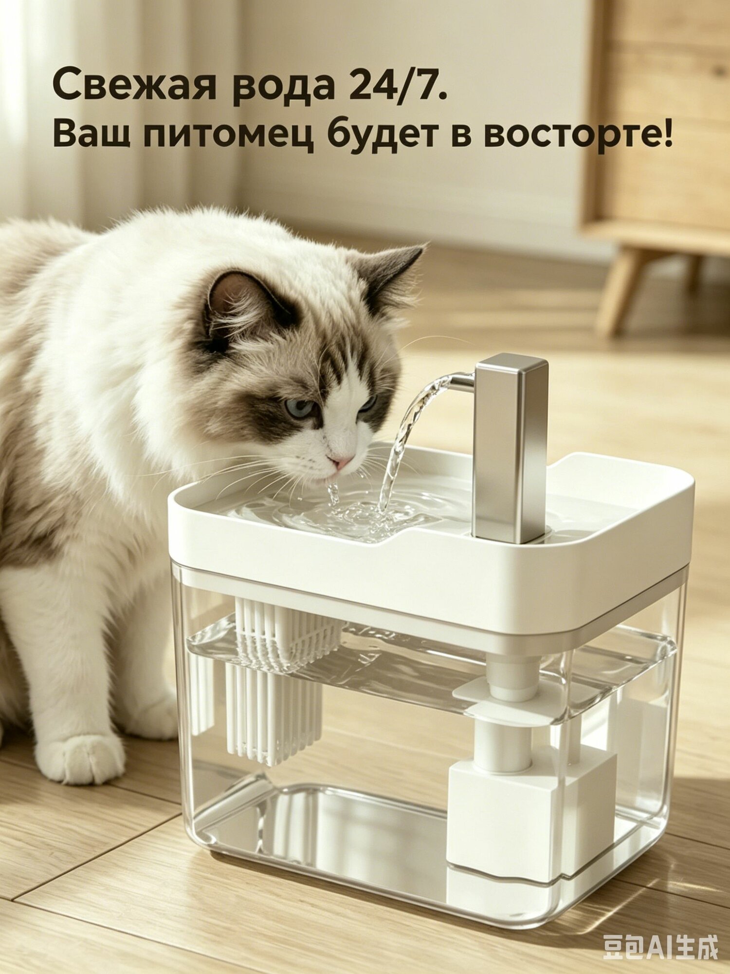 Эксклюзивный автоматический фонтан для кошек с циркуляцией и фильтром 1.5 л, Содержит расческу для домашних животных