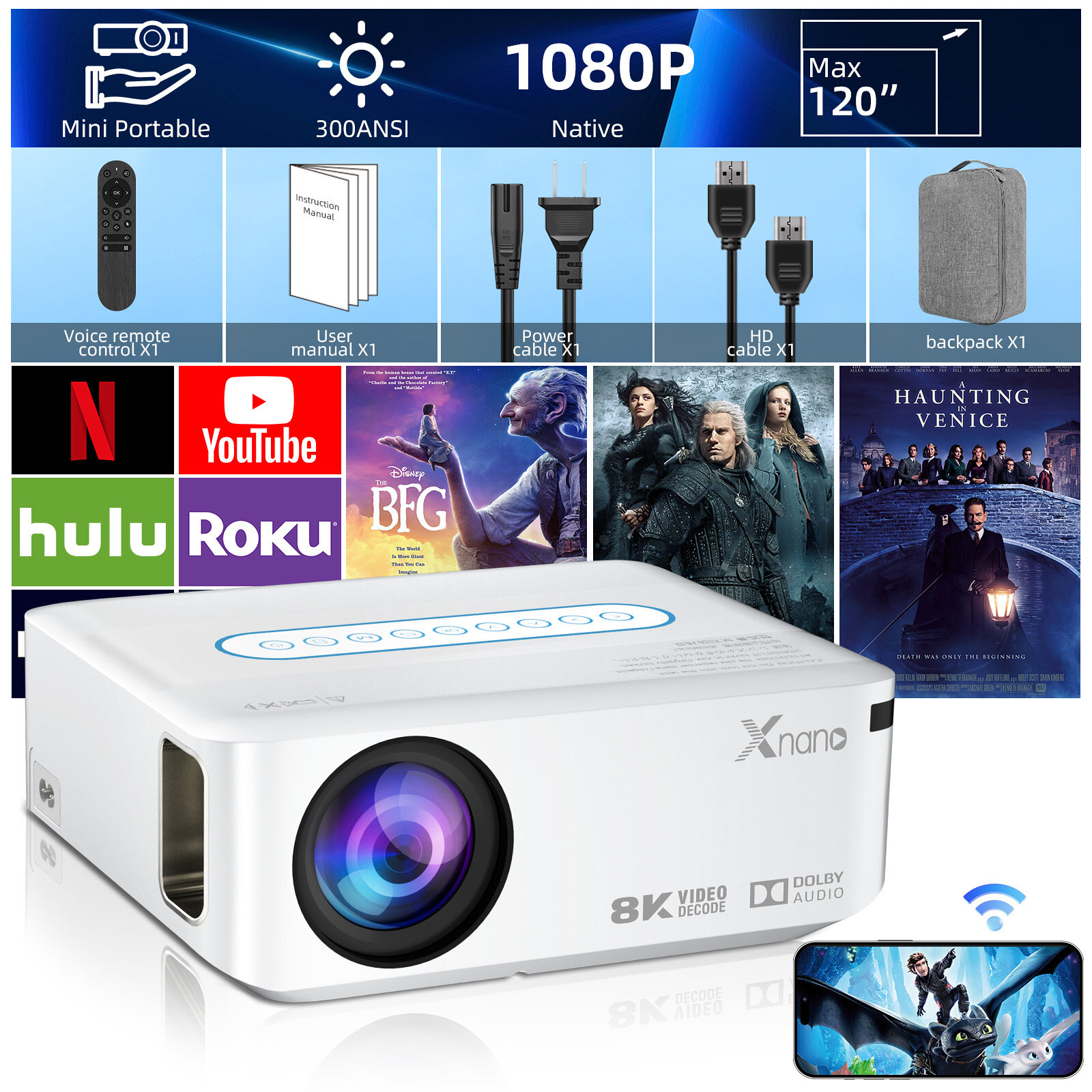 Портативный проектор X1 Full HD 1080P 8K декодирование домашний кинотеатр белый EU вилка