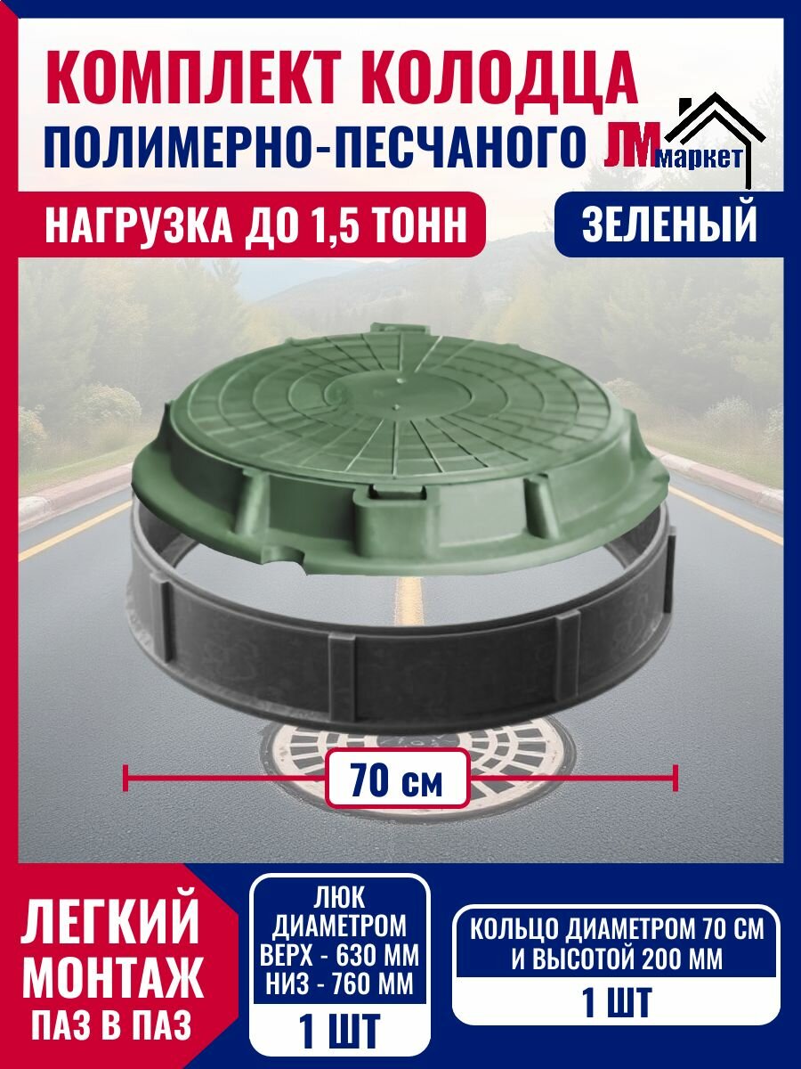 Колодец полимерно-песчаный, нагрузка до 1,5 тонн, готовый комплект с 1 шт кольцом 0,7 м диаметр