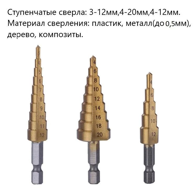 Ступенчатые сверла 3-20 мм, 3шт