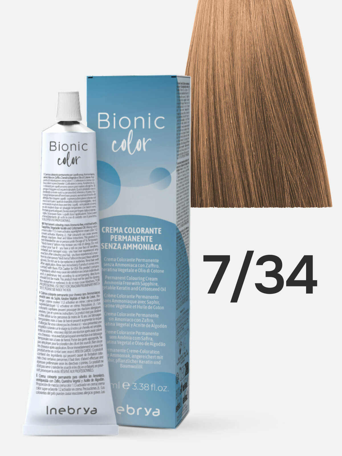 Крем - краска для волос профессиональная без аммиака Inebrya Bionic Color 7/34 Русый Золотисто-медный, 100 мл