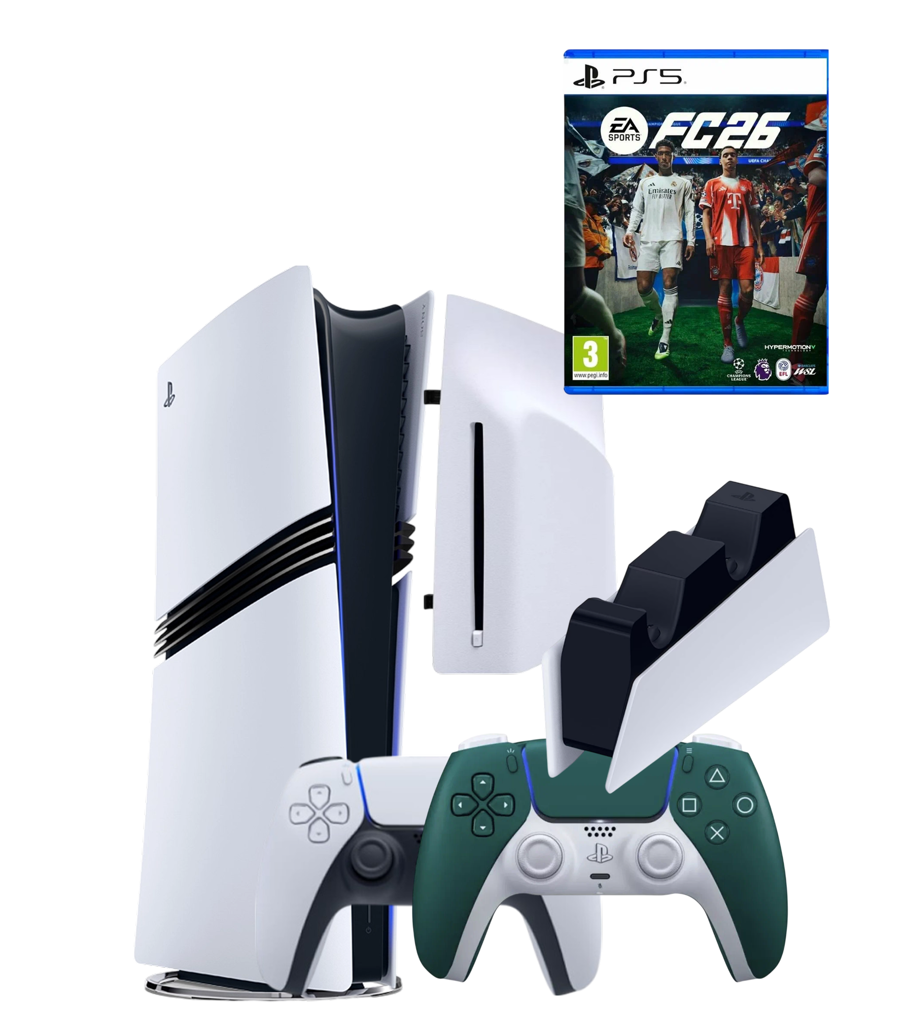 Игровая приставка PlayStation 5 Pro + 2й геймпад альпийский зеленый + игра FC26 + станция зарядки + дисковод