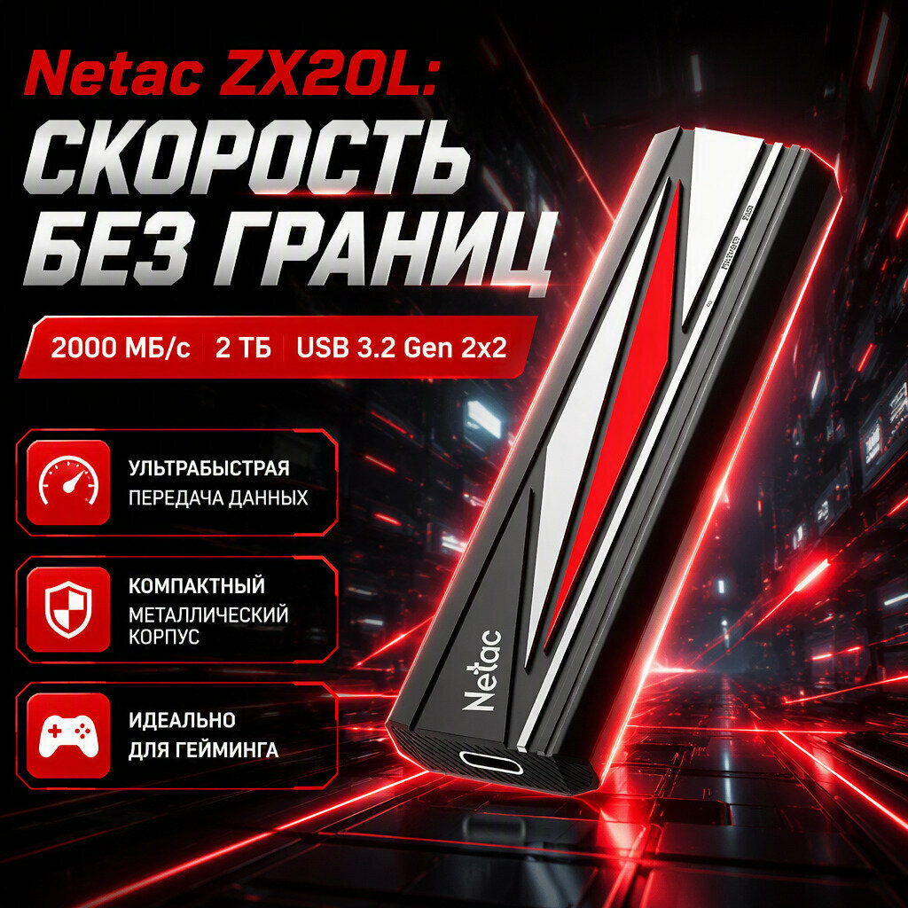 Внешний SSD диск Netac ZX20L USB-C 3.2 Gen 2 2TB (NT01ZX20L-002T-32BK), 2000/1800MB/s