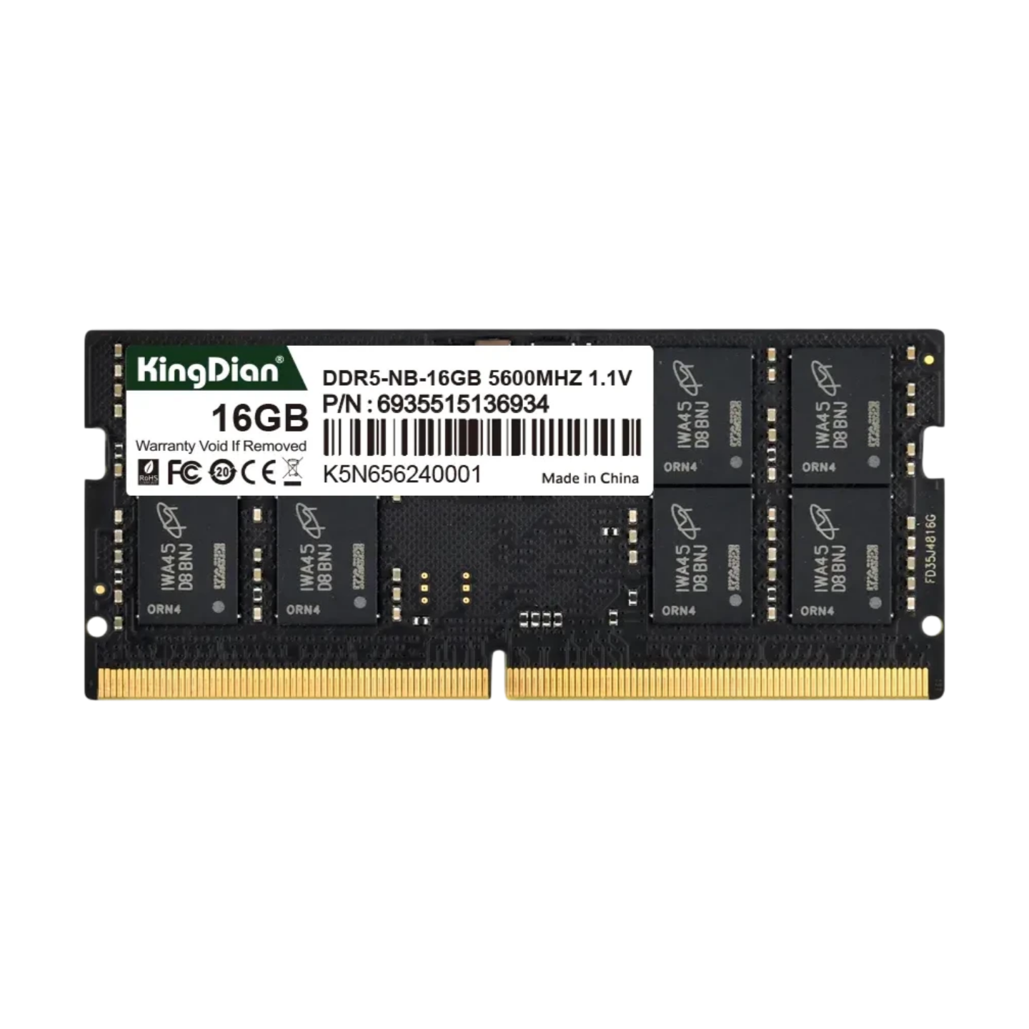 Оперативная память KingDian DDR5-NB-16GB-56-46, 16 Гб, DDR5 SO-DIMM, 5600 МГц, CL46, 1.1 В, черный