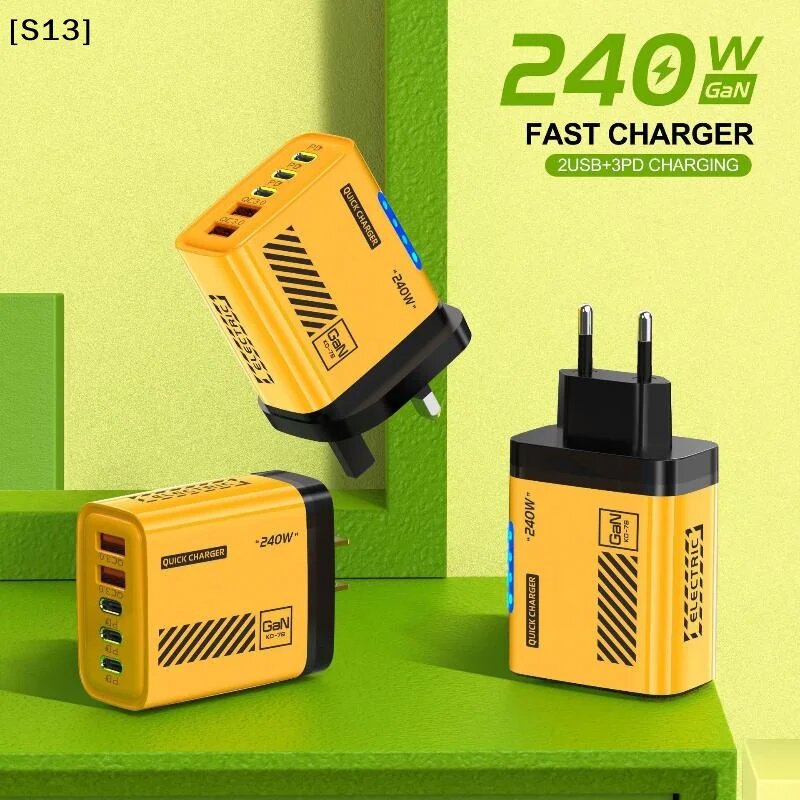 Зарядное Устройство Для Мобильных Телефонов 240 Вт С 5 Портами (2 USB И 3 Type-C), Быстрая US Yellow