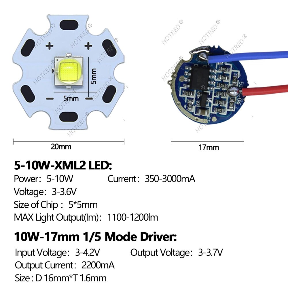 LED чип XML2 5-10Вт 20mm, 17mm Driver, 5 Mode