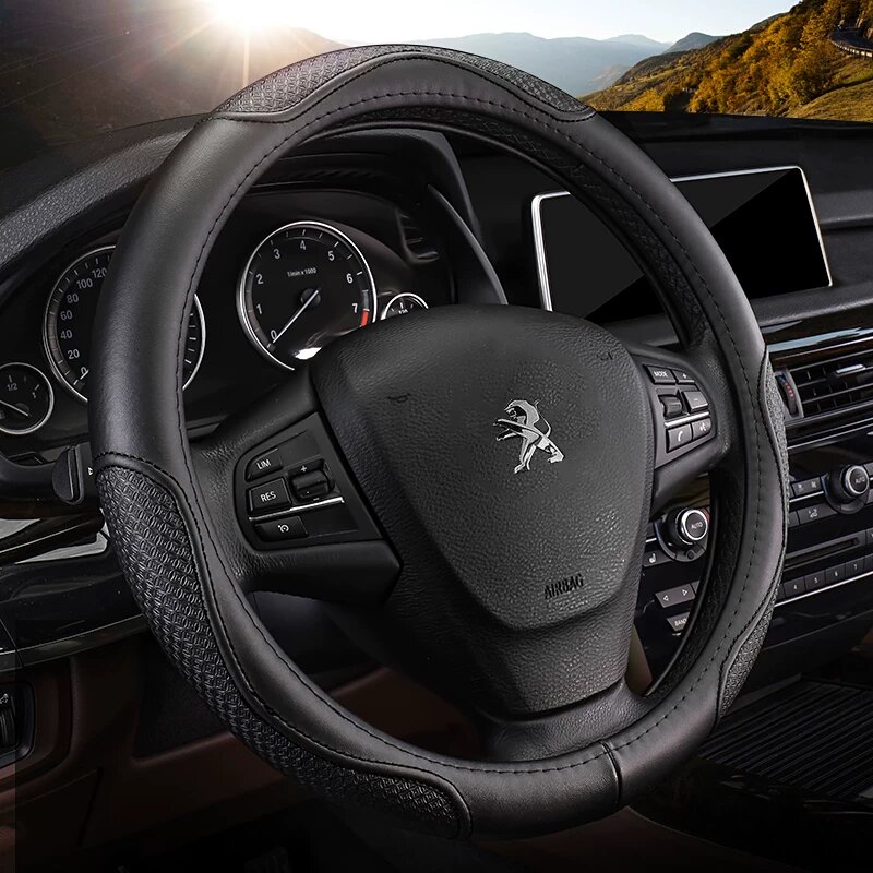 Кожаный чехол на рулевое колесо для моделей Peugeot 408, 308, 307, 301, 207, 508L, 206 - Черный