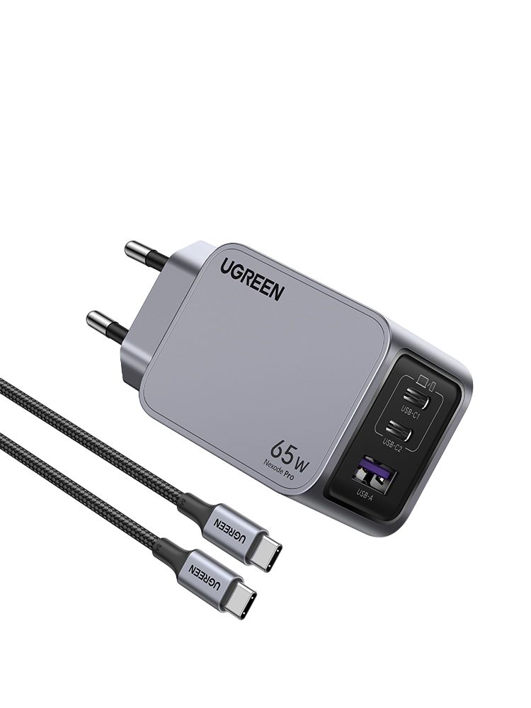 Ugreen X755 Сетевое зарядное устройство, USB 2.0 Type-A, USB Type-C, быстрая зарядка, 65 Вт, с кабелем в комплекте, 25871, серый