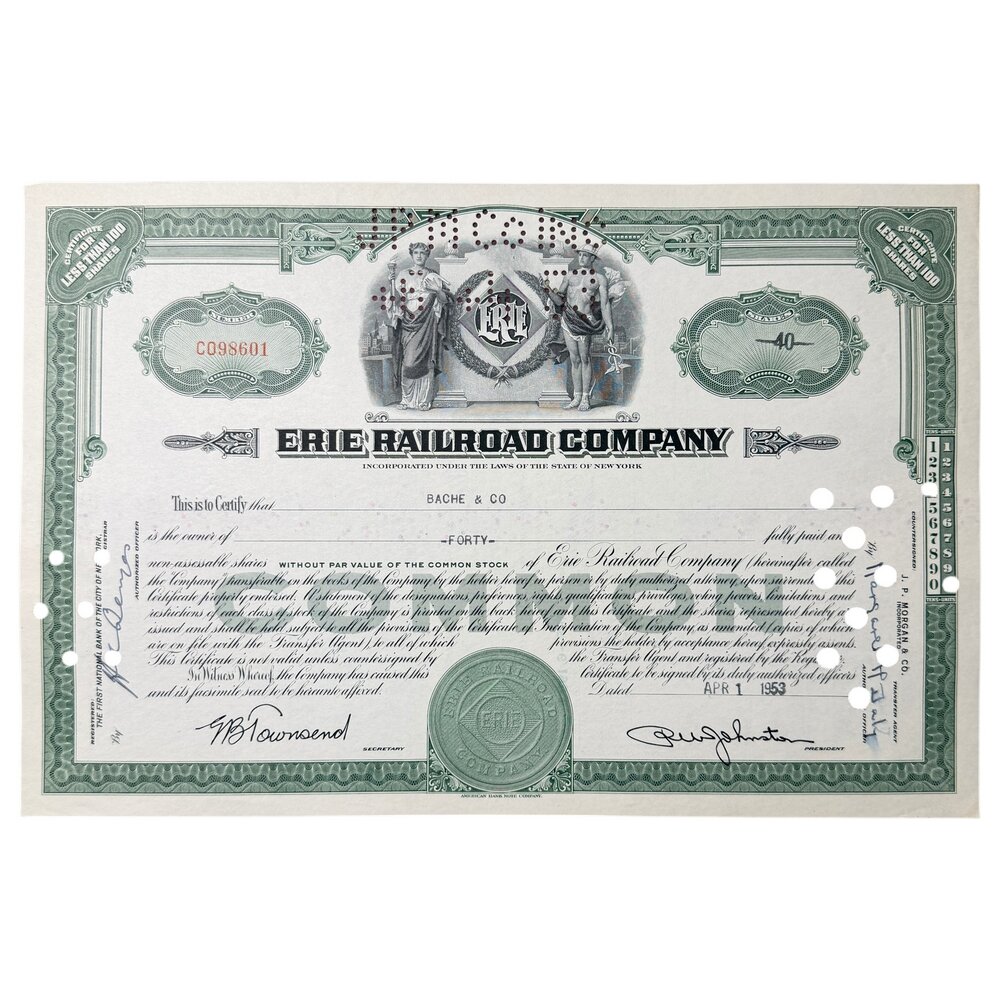 США, Erie Railroad Company, сертификат на 40 акций 1953 г. (Серия CO)