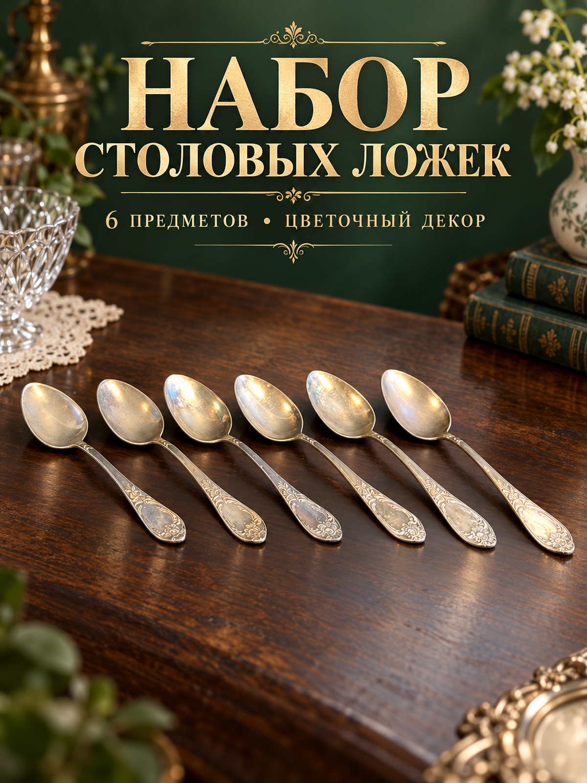 Набор из 6 столовых ложек с цветочным декором - МНЦ - Вольнянский завод столовых приборов им. Шевченко - ЗиШ - СССР