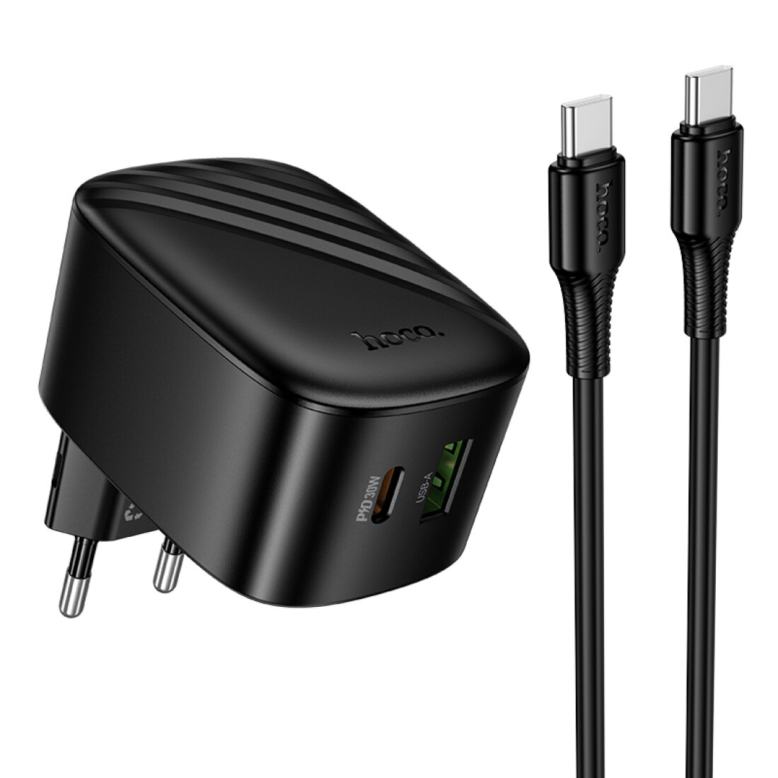 Сетевое зарядное устройство, 1 PD 30W + 1 USB 3.0 QC (CS102A), HOCO, Type-C to Type-C, складное, черный
