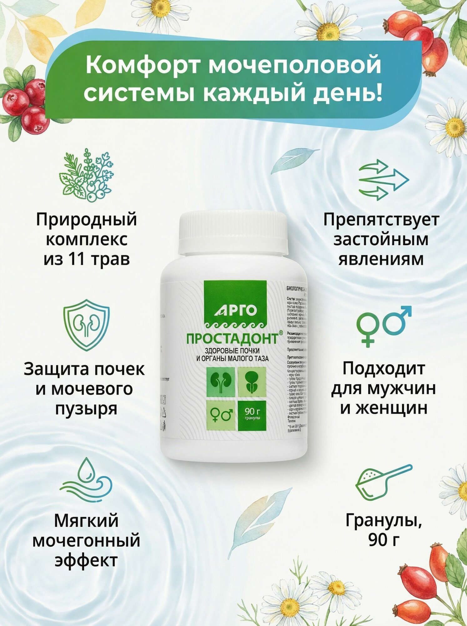 Простадонт для мужчин от Биолит, гранулы 90 г, Арго. БАД для мужского здоровья, мочеполовой системы, при простатите и аденоме предстательной железы, для потенции, эрекции — фото 1