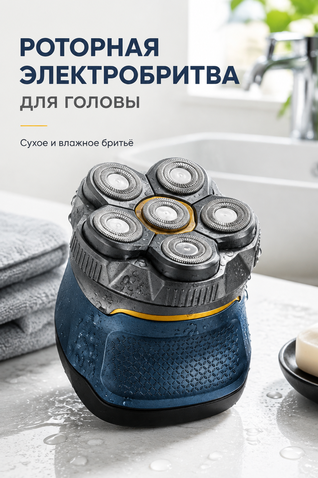 Роторная электробритва для головы с 6 головками, сухое и влажное бритьё, аккумуляторная