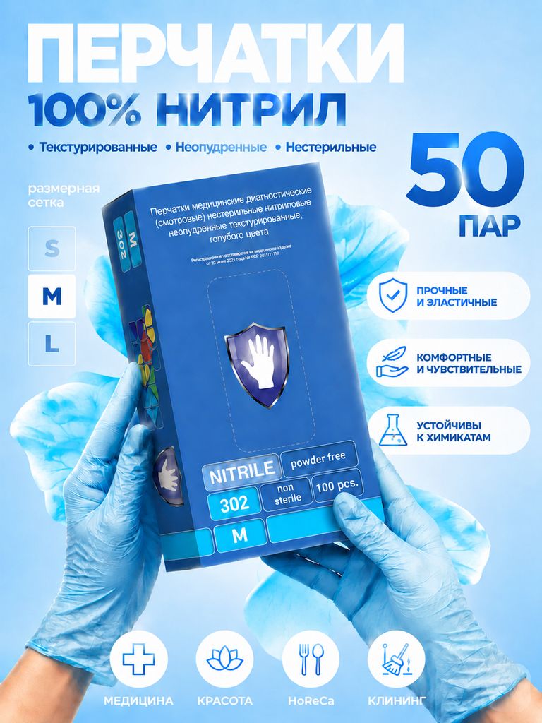 Перчатки нитриловые одноразовые медицинские Safe&Care, размер M, 50 пар, голубые