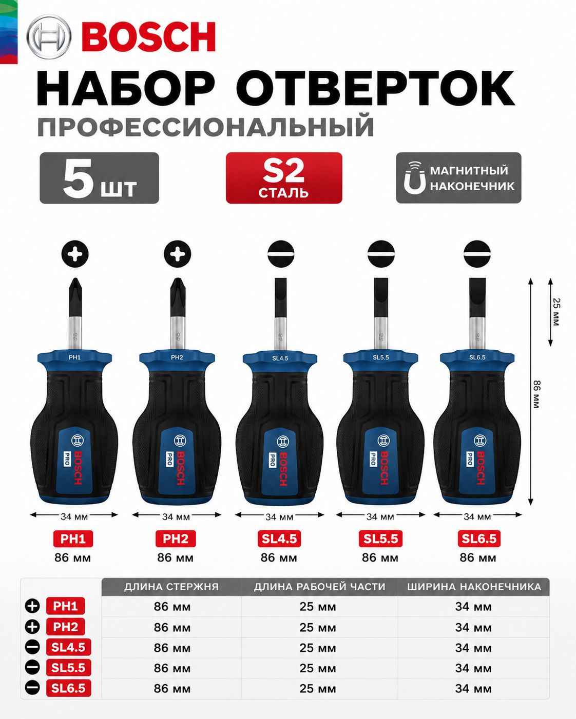 Набор из 5 коротких отвёрток Bosch серии Pro, длина лезвия 25 мм