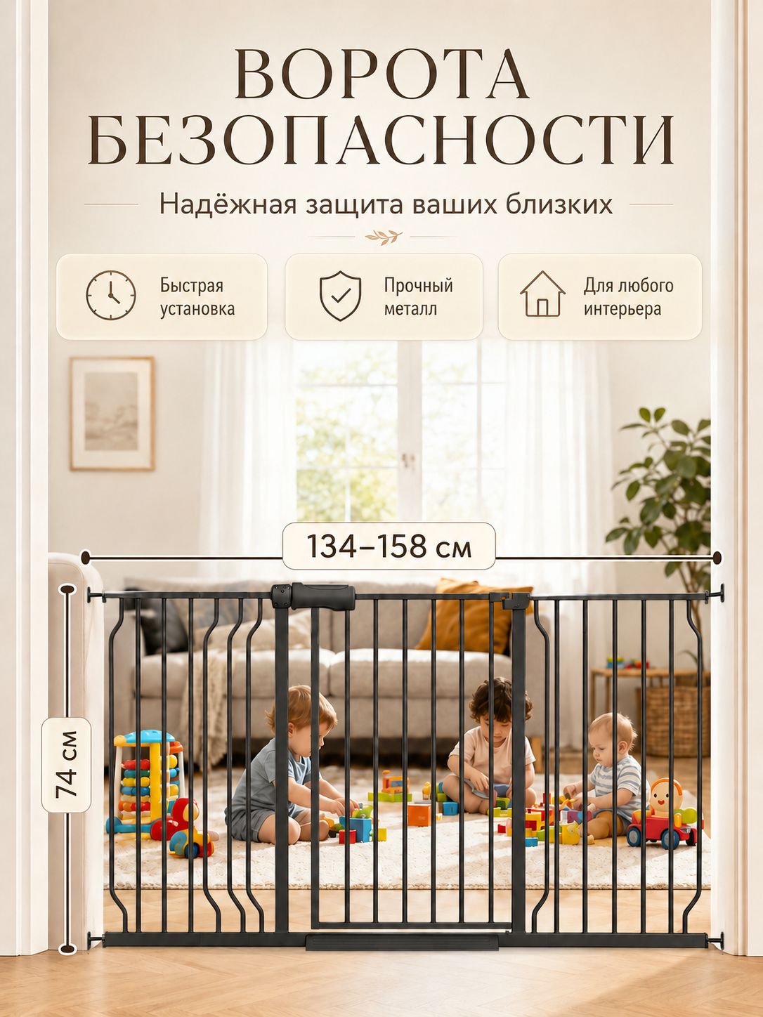 Сверхширокая детская дверь черного цвета шириной 134-158 см, устанавливается без давления, подходит для домашних животных и детей