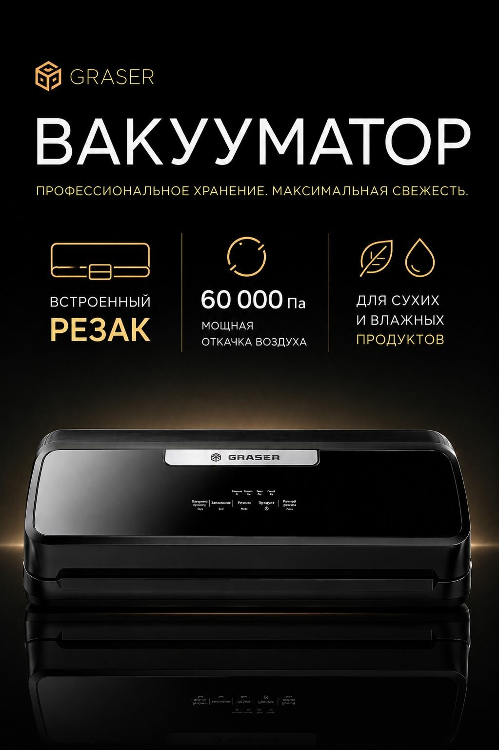 Вакууматор для продуктов с резаком GRASER QH-25, вакуумный упаковщик для продуктов, 60 кПа, 110 Вт, запайщик пакетов 32 см, 5 режимов