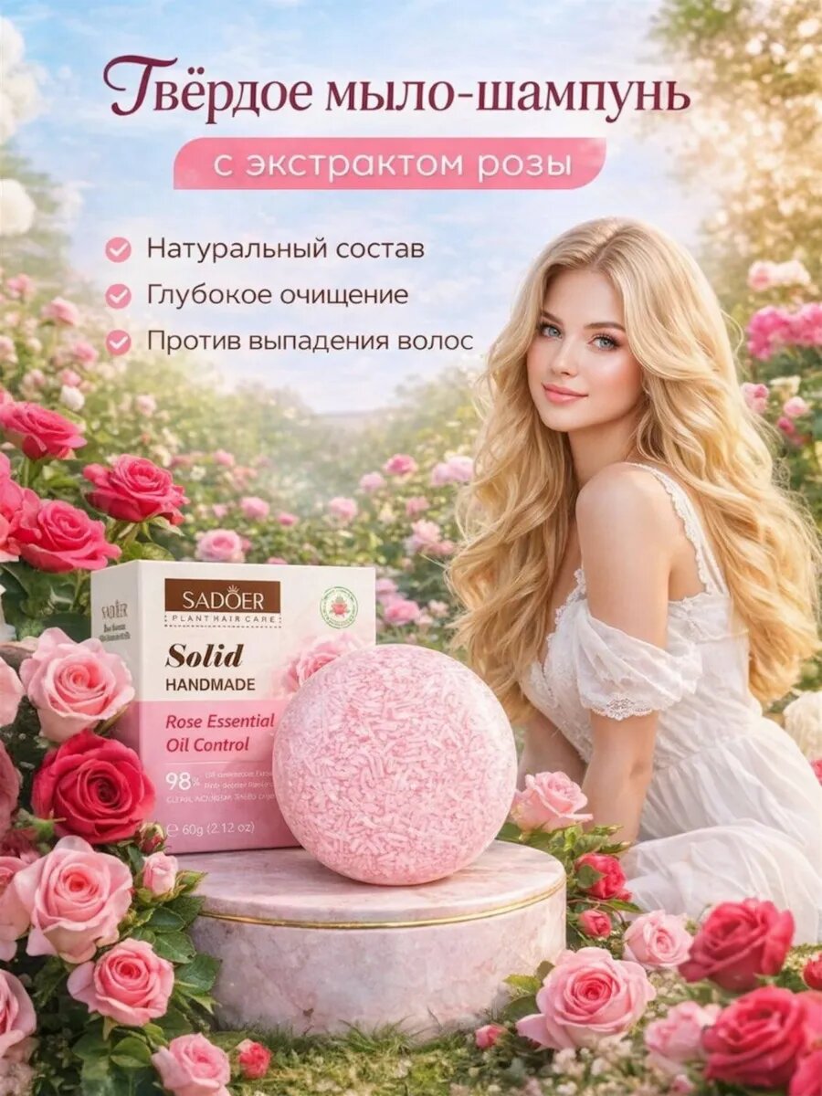Твёрдое мыло-шампунь, с экстрактом розы, для волос, аромат розы