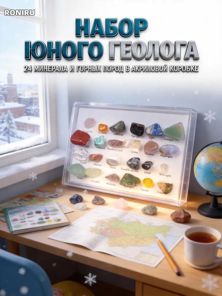 Эксклюзивный набор для юных геологов включает 24 полированных образца натуральных минералов и горных пород в акриловом ящике, комплектуется этикетками на английском языке