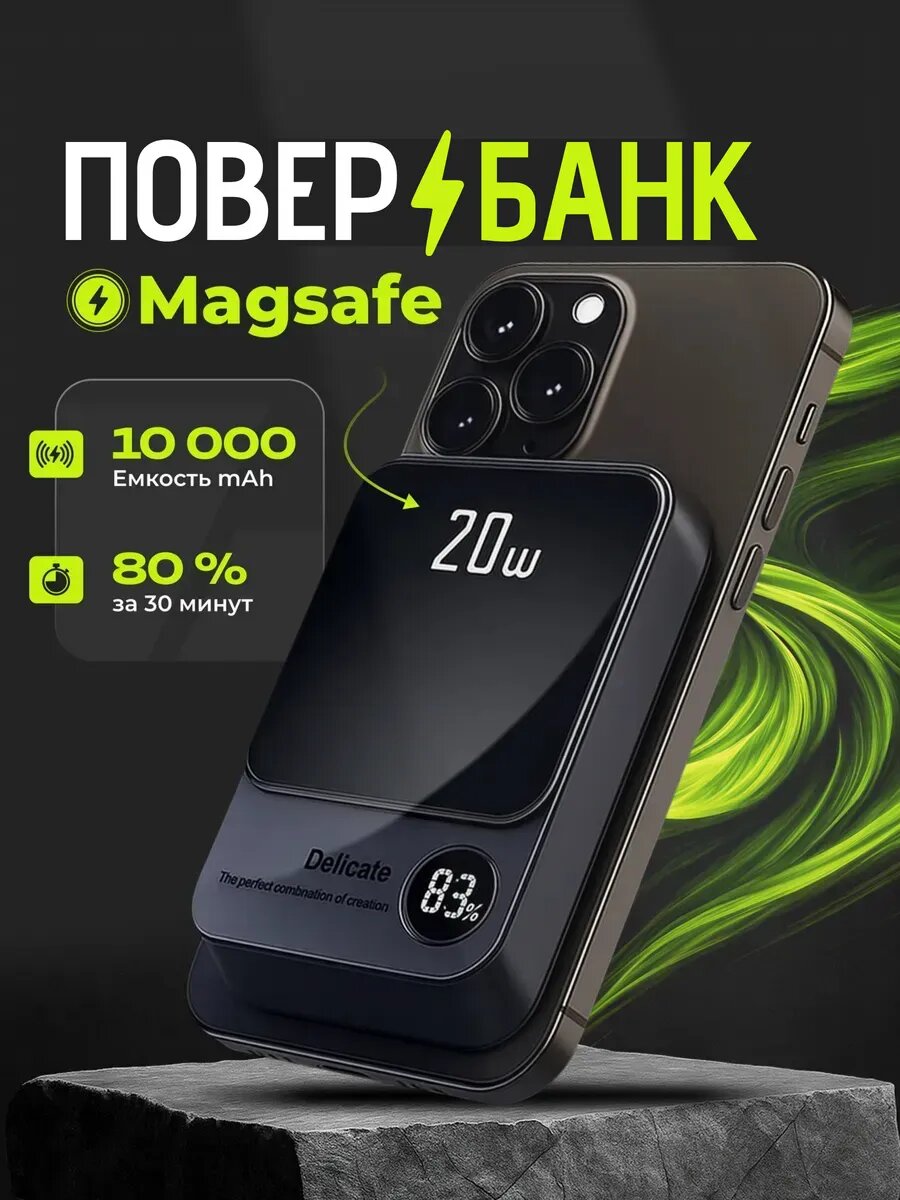 Внешний магнитный аккумулятор, Повербанк для Айфона с быстрой беспроводной зарядкой / Power Bank 20 Ватт 10000mAh
