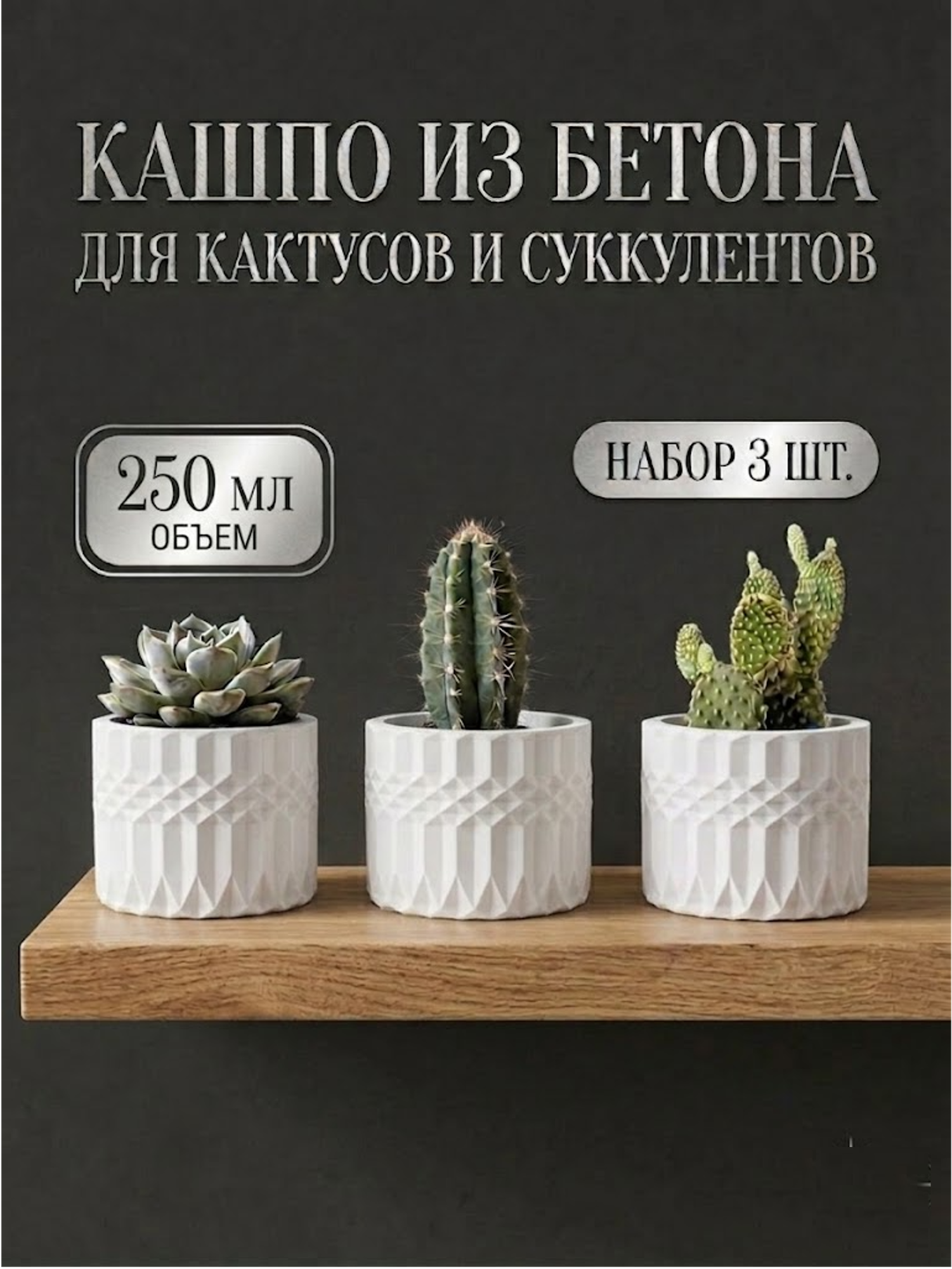 Набор кашпо для суккулентов, кактусов и цветов, маленькое бетонное 3 шт