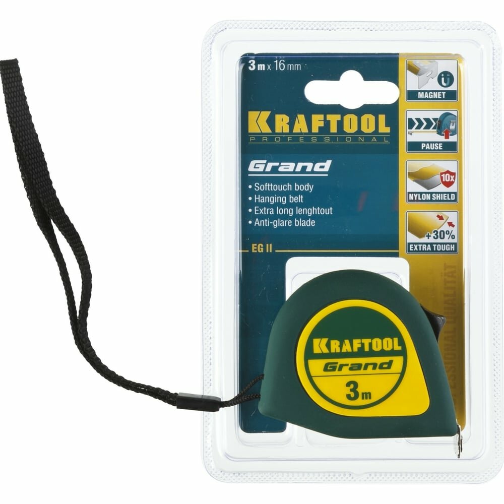 Рулетка KRAFTOOL Grand обрезиненный пластиковый корпус, 3м х 16мм 34022-03-16 — фото 1