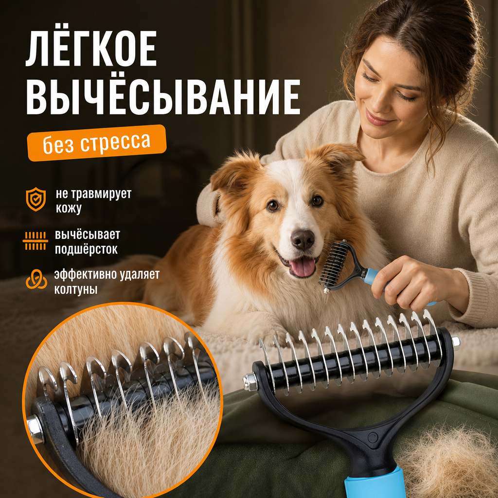 Фурминатор для вычесывания подшерстка кошек и собак, удаление подшерстка, массажный эффект, распутывает колтуны