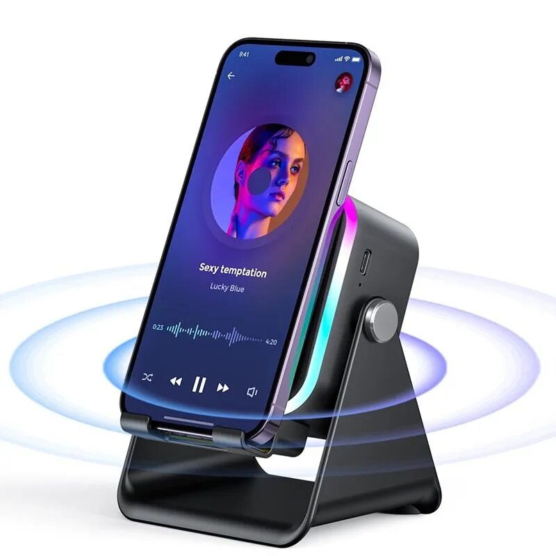 Индукционная колонка со стойкой для телефона. 5 в 1: беспроводной bluetooth динамик, зарядное устройство и светодиодная лампа / подарок на день рождения для мужчин и женщин
