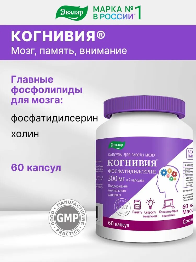 Когнивия Эвалар, ноотроп, витамины для мозга и памяти с фосфатидилсерином 300 мг и холином, 60 капсул